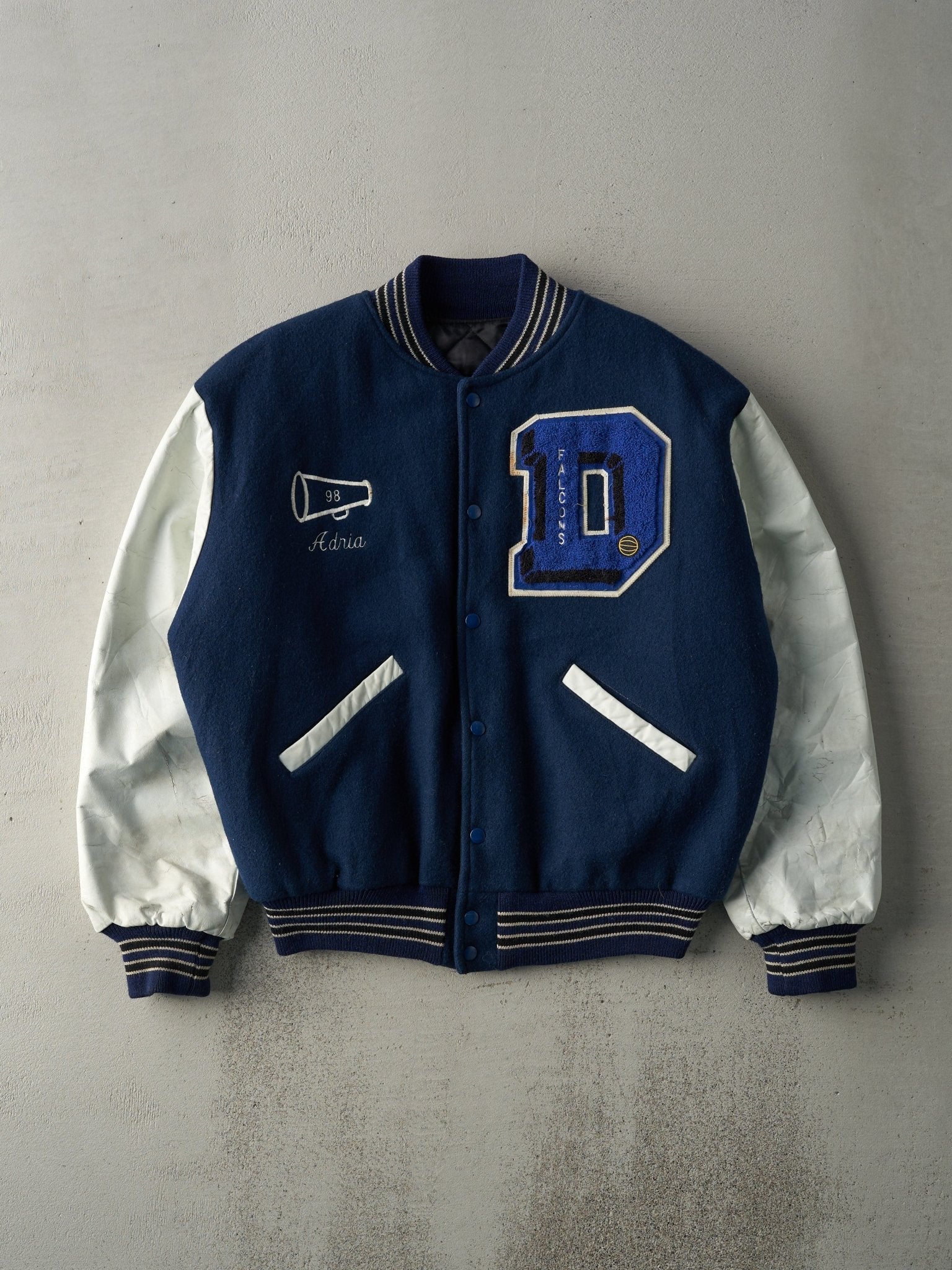 Vintage 98' Navy and White Falcons Boxy Letterman Jacket (L ...