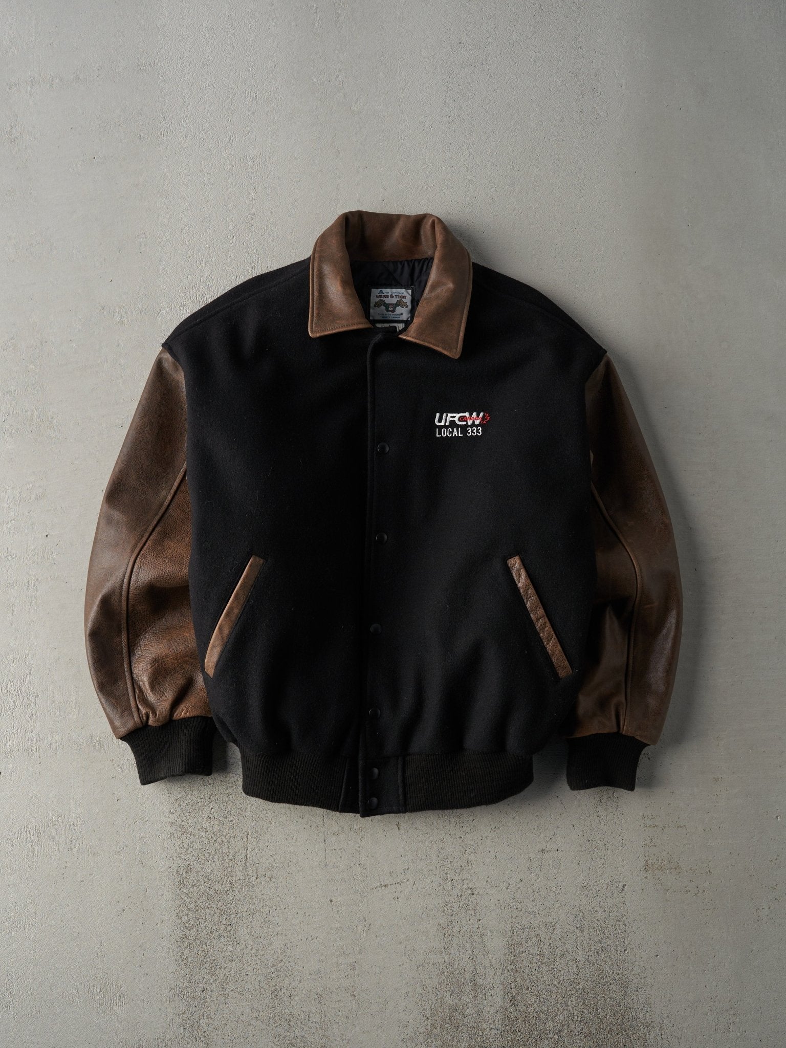 Vintage 90s Black UFCW Union Wool and Leather Varsity Jacket (M ...