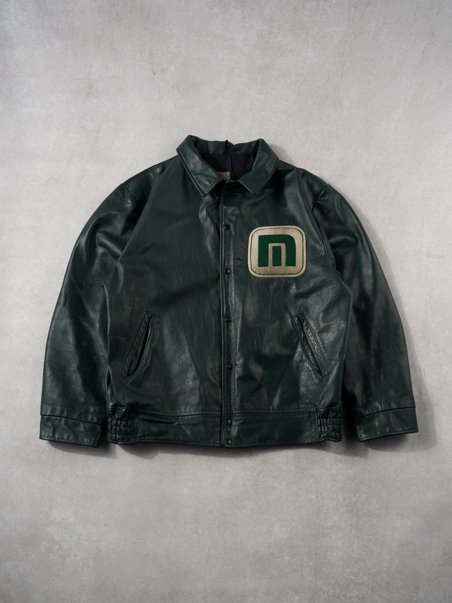 Vintage 70s Dark Green Patch Collared Leather Bomber (M/L) – Rebalance ...