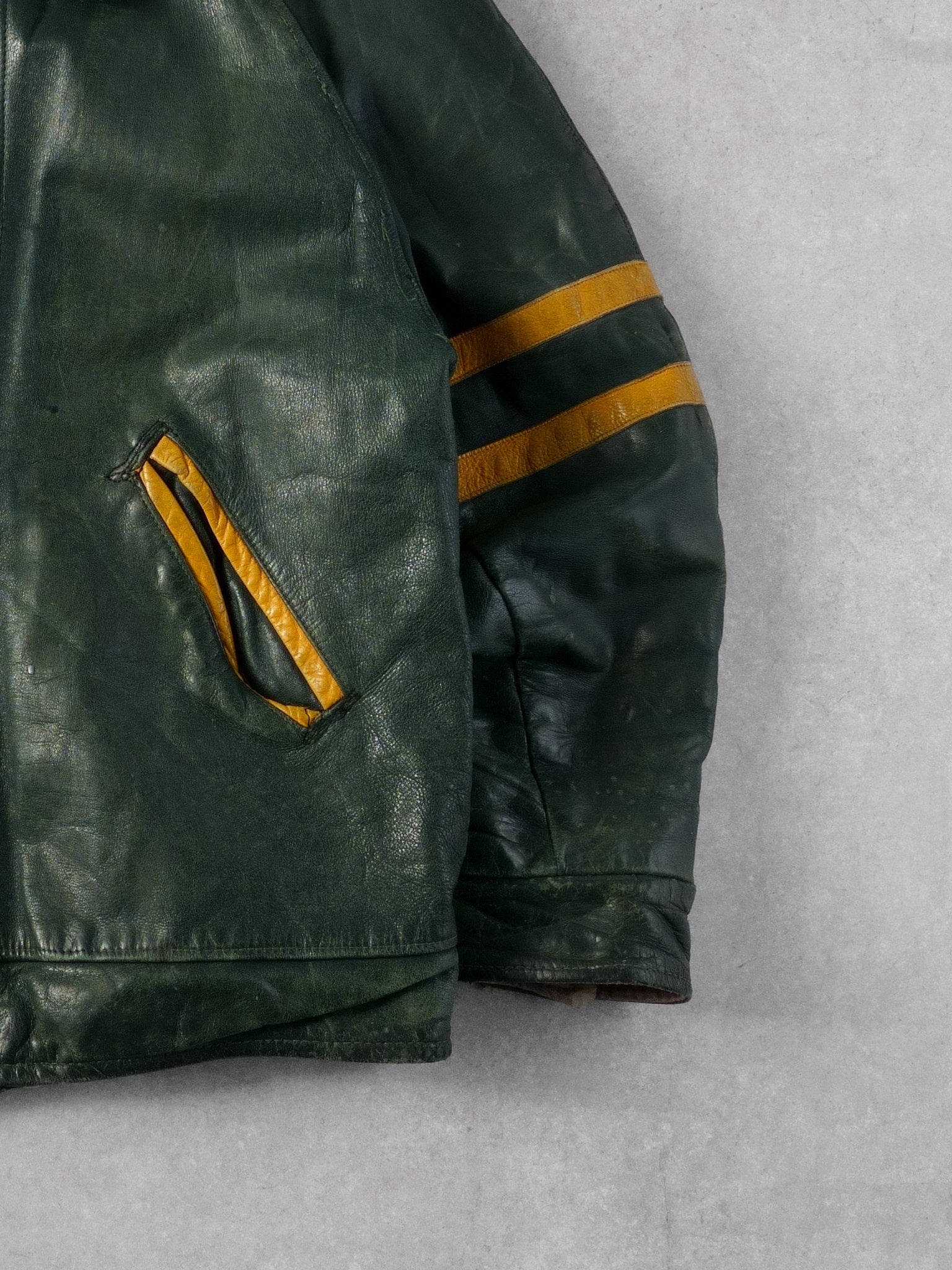 Vintage 70s Pine Green and Yellow Collared Leather Jacket (M ...