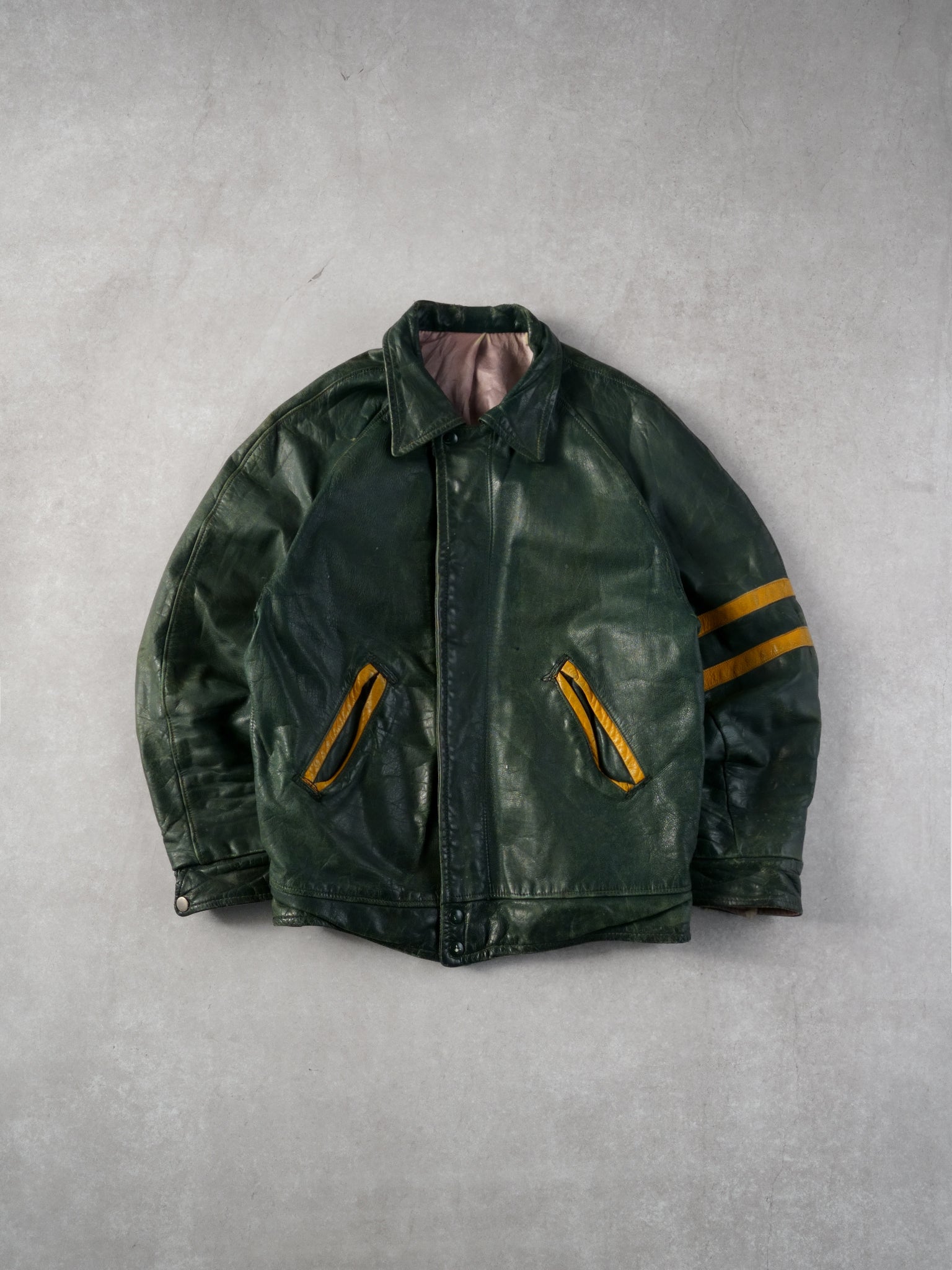 Vintage 70s Pine Green and Yellow Collared Leather Jacket (M ...
