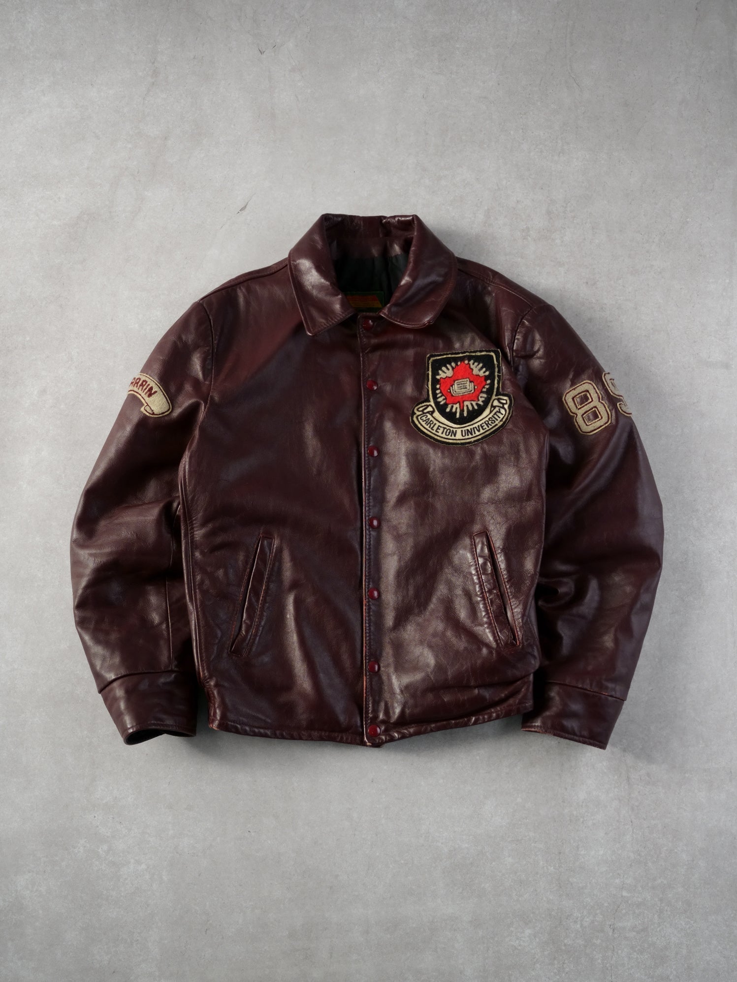 Vintage 89' Maroon Carleton University Emblem Collared Leather Jacket ...