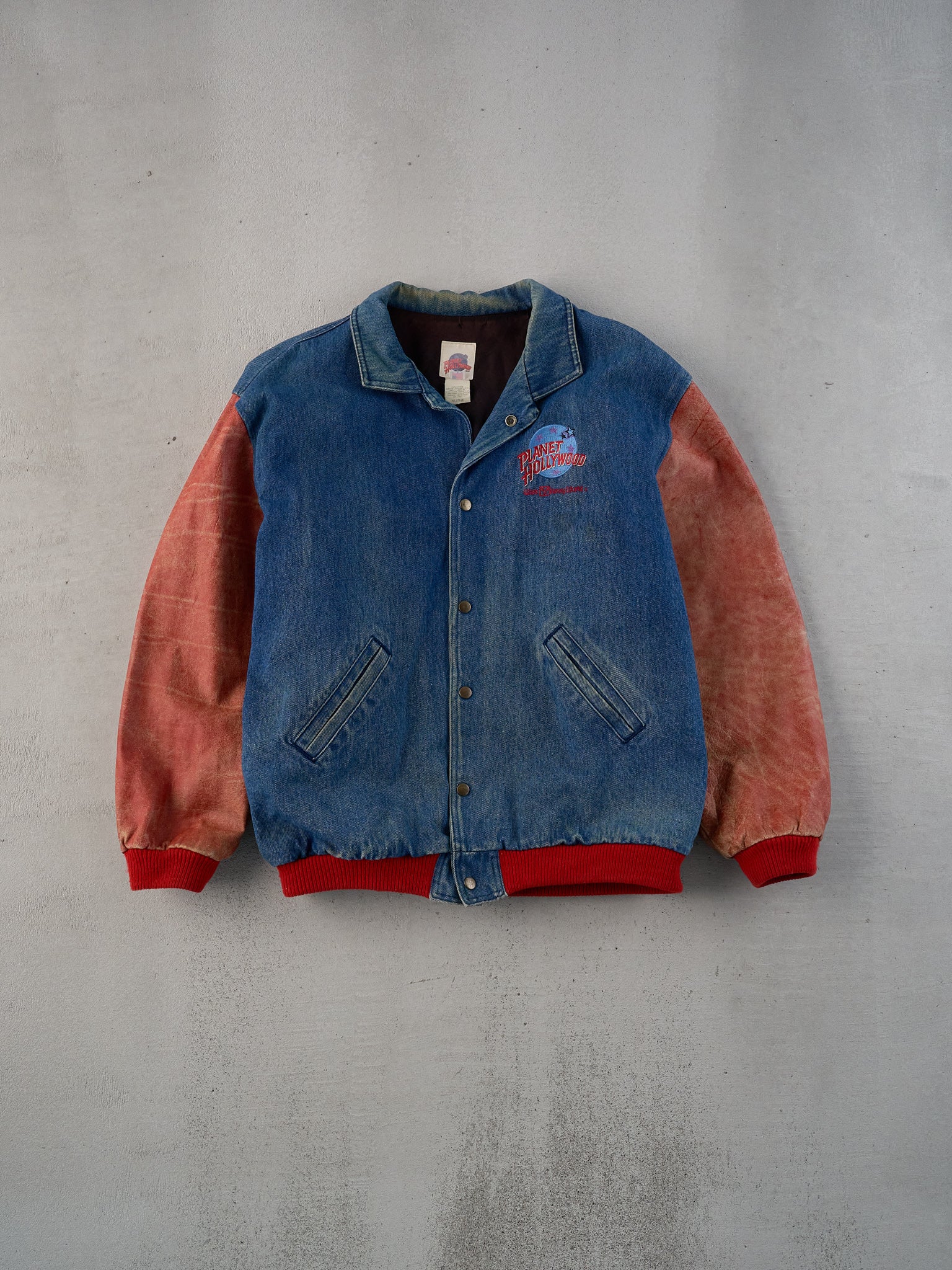 Vintage 90s Blue and Red Planet Hollywood Collared Denim Varsity Jacke ...